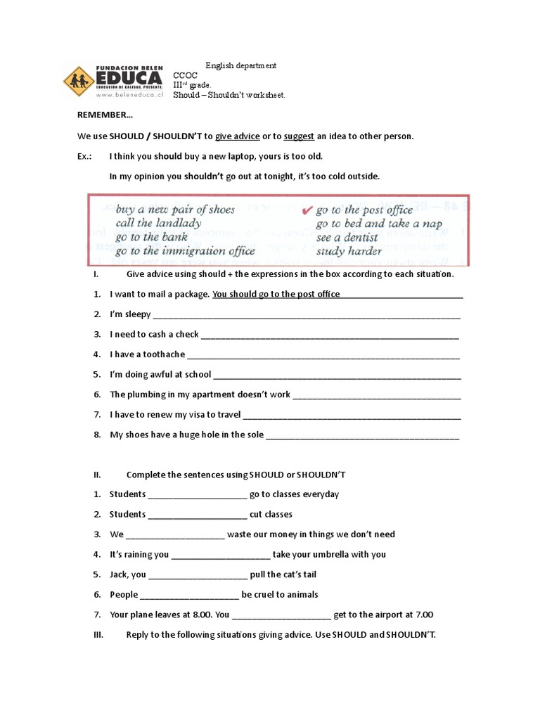Remember : English Department Ccoc III Grade. Should - Shouldn't ...
