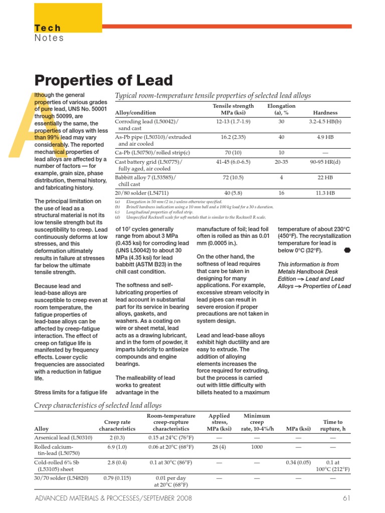 Properties of Lead: Notes | PDF | Lead | Creep (Deformation)