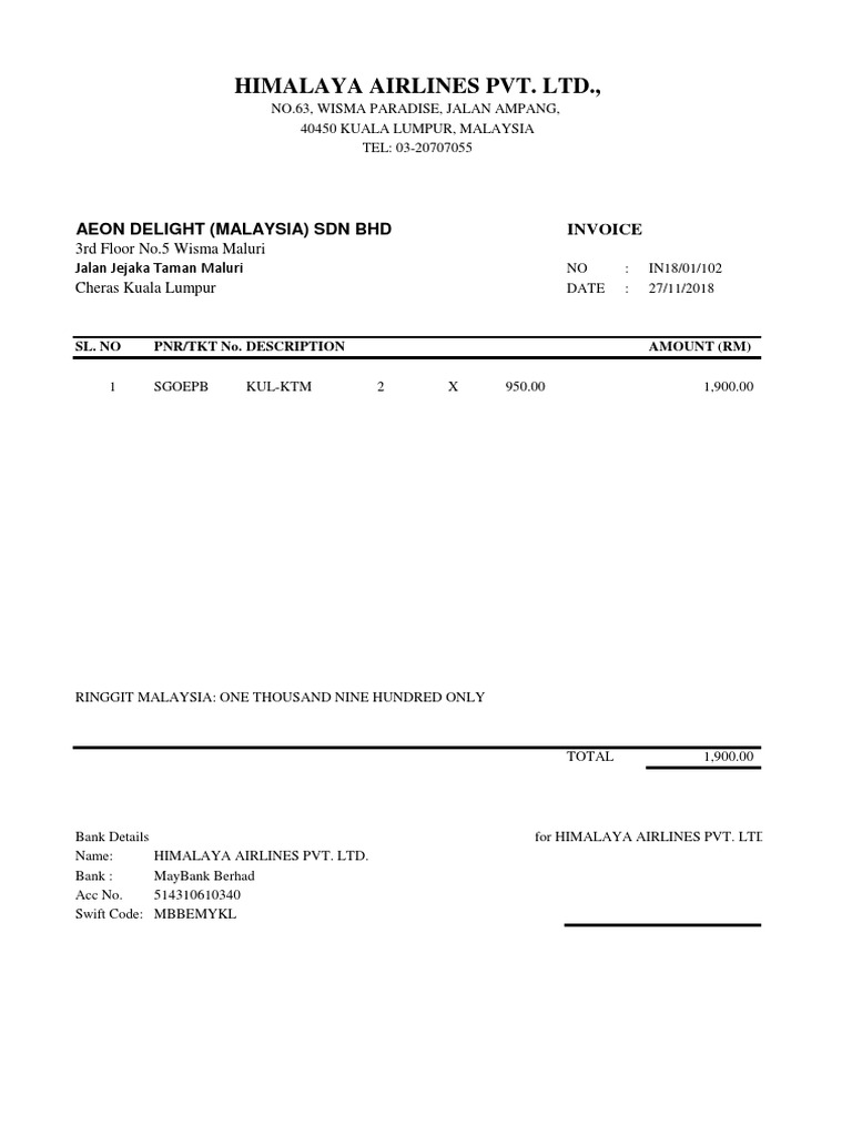 Himalaya Airlines Pvt. LTD.,: Aeon Delight (Malaysia) SDN BHD Invoice | PDF