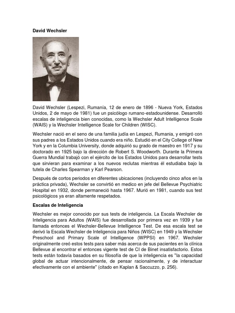 David Wechsler | PDF | Pruebas | Psicometría