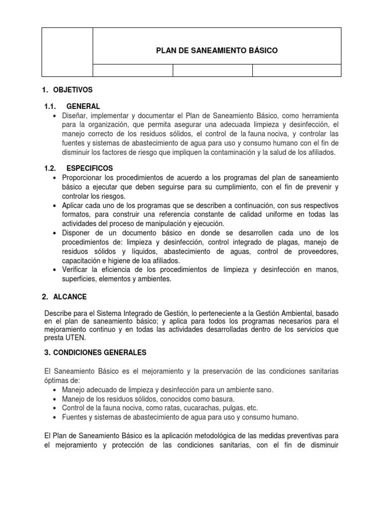 PGEA-004 PLAN DE SANEAMIENTO BASICO.docx | Saneamiento | Detergente