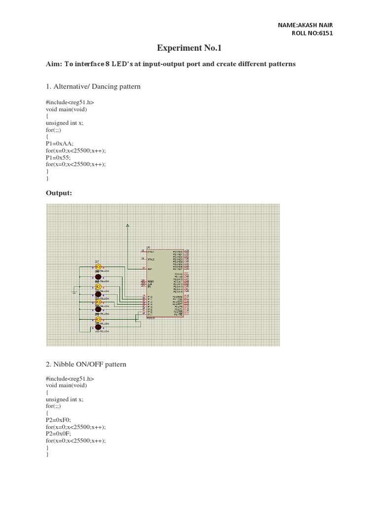 Experiment No1 Aim To Interface 8 Leds At Input Output Port And Create Different Patterns