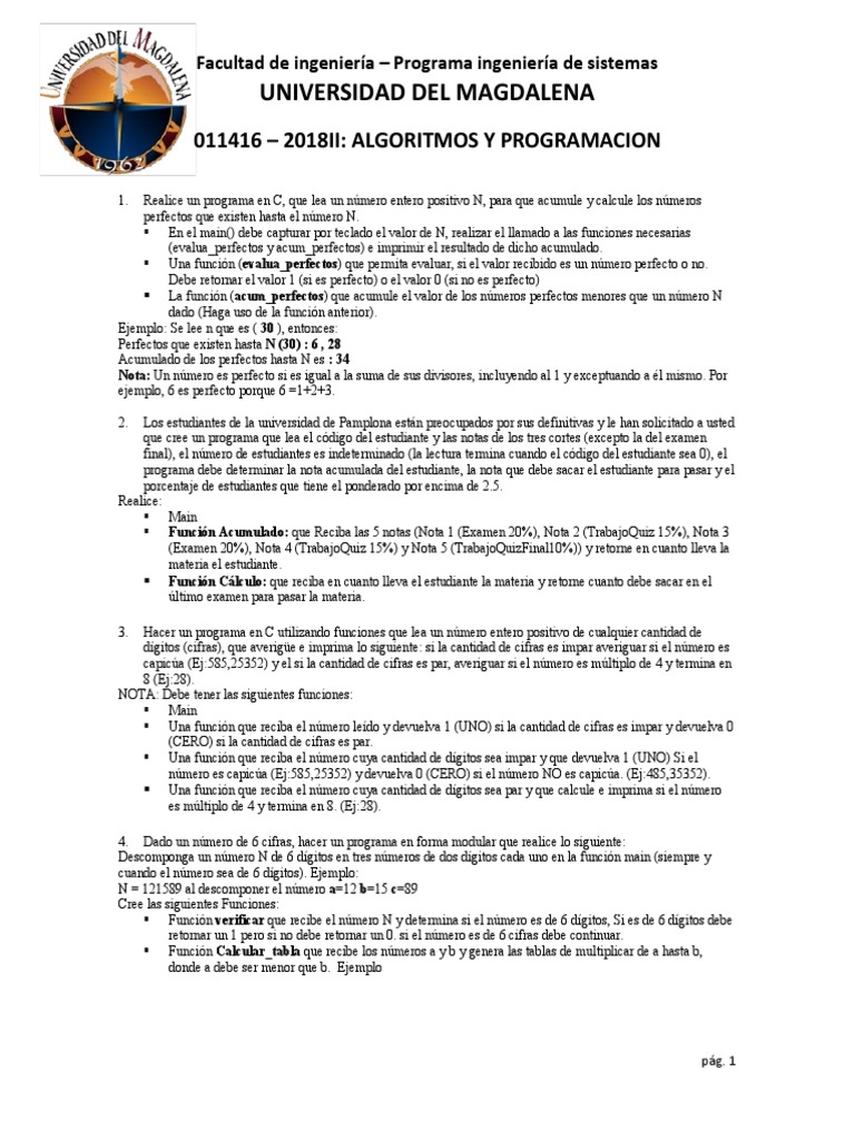 Algoritmos y Programacion Taller de Funciones | PDF | Función (Matemáticas) | Programación de ...