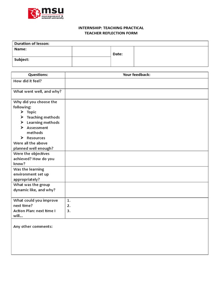 Teacher Reflection Form Template | PDF | Career & Growth