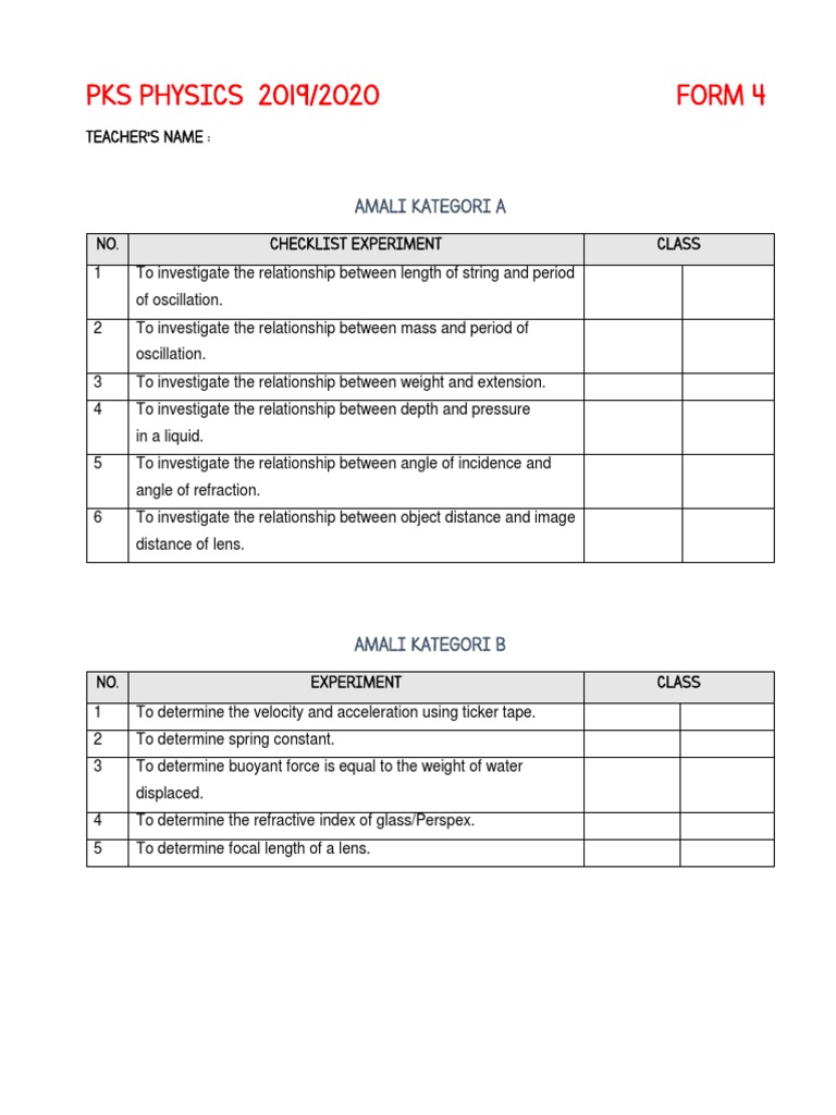 Physics Experiments Checklist 2019/2020 | PDF