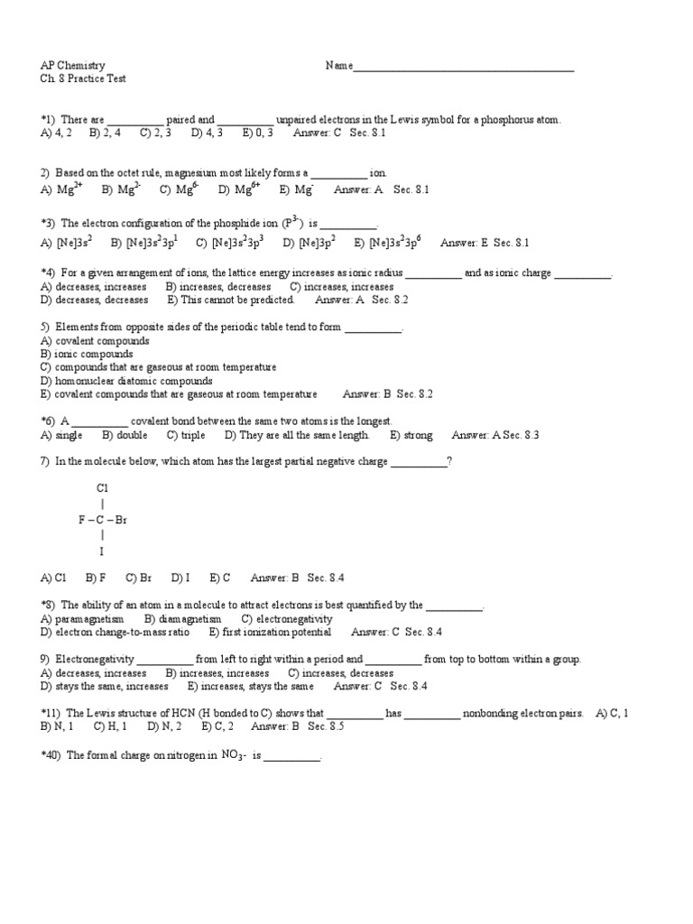 AP Chemistry Chapter 8 Practice Test | PDF | Covalent Bond | Chemical ...