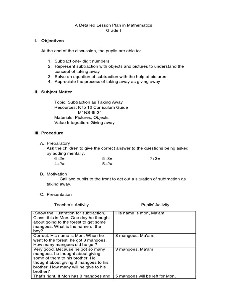 A Detailed Lesson Plan in Mathematics | PDF | Lesson Plan | Subtraction