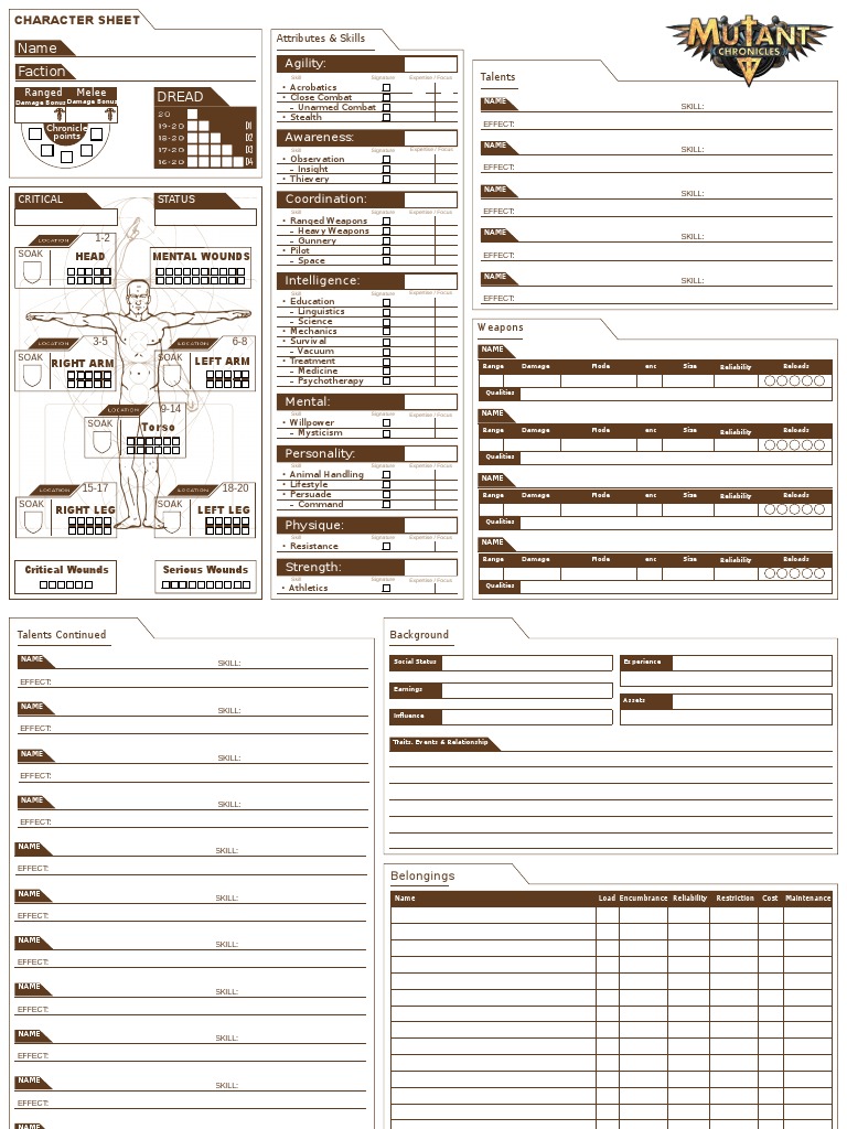 Fillable Mutant Chronicles Character Sheets (Printer Friendly) | PDF | Leisure | Sports