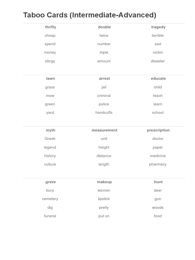 Taboo Cards (Intermediate-Advanced) | PDF | Nature