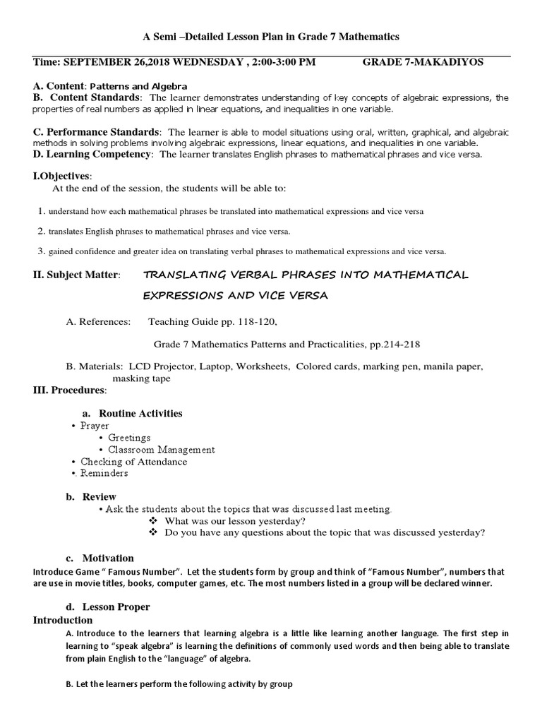 Grade 7 Algebra Lesson Plan: Expressions | PDF | Teaching Mathematics | Word