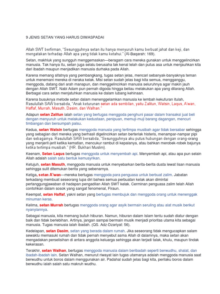 9 Jenis Setan Yang Harus Diwaspadai | PDF