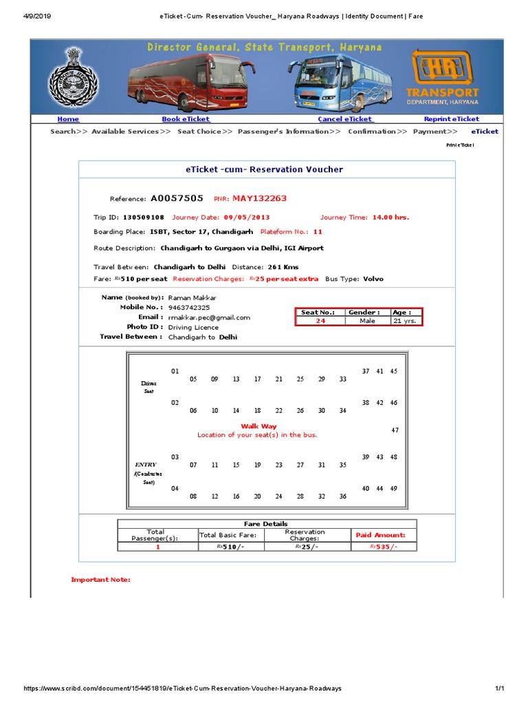 ETicket - Cum - Reservation Voucher - Haryana Roadways - Identity ...