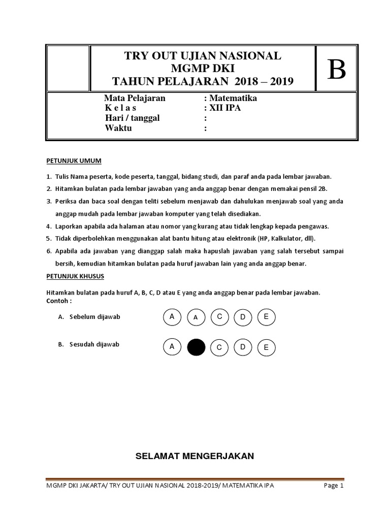 2019 - Soal Matematika IPA SMA - UCUN DKI - Paket B | PDF