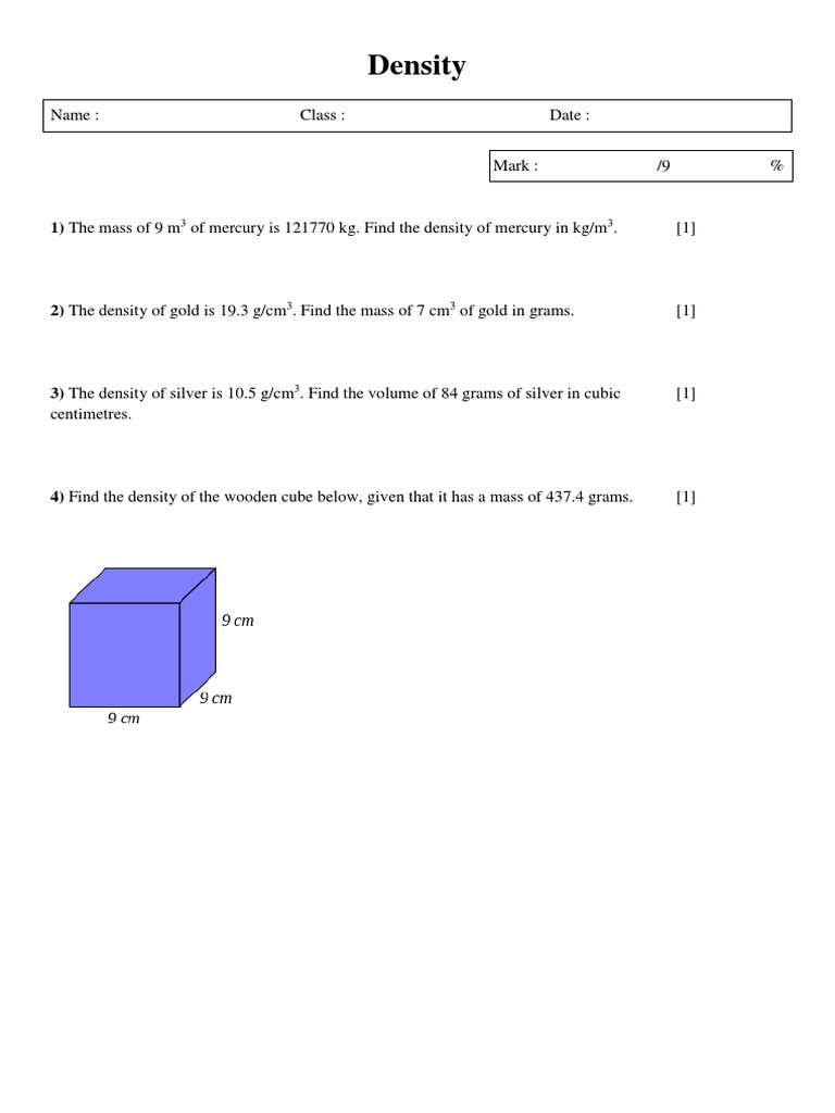 Density Calculations Worksheet | PDF