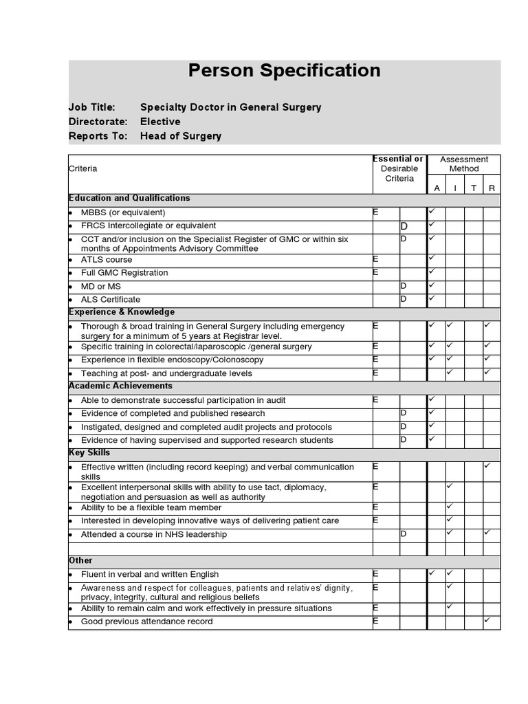 Person Specification: Job Title: Specialty Doctor in General Surgery ...