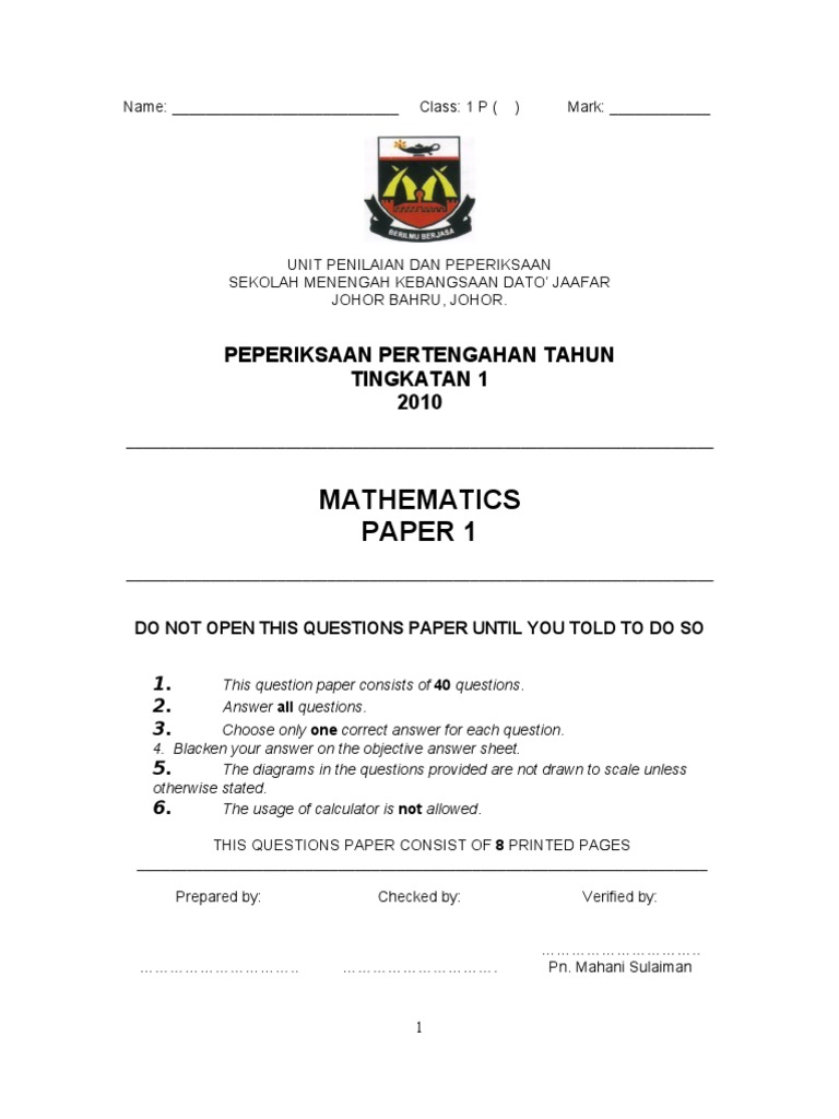 Math Mid Year f1 Paper 1 | PDF | Mathematical Concepts | Abstract Algebra