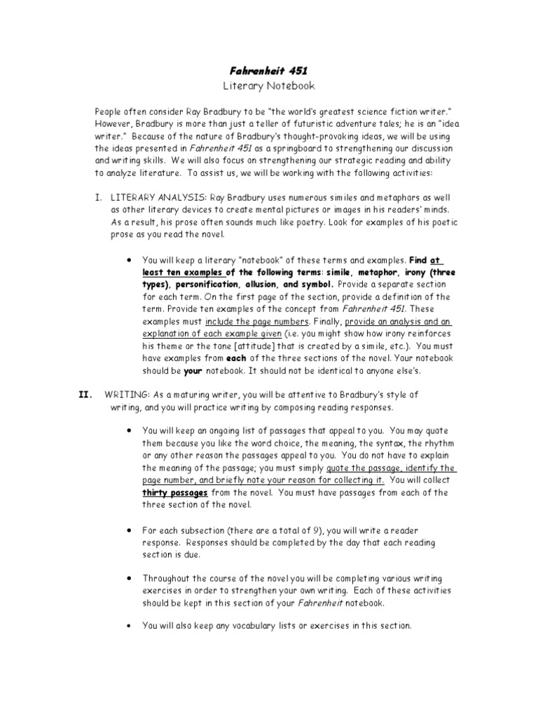 Fahrenheit 451 Notebook Plan & Vocab | PDF | Ray Bradbury | Poetry