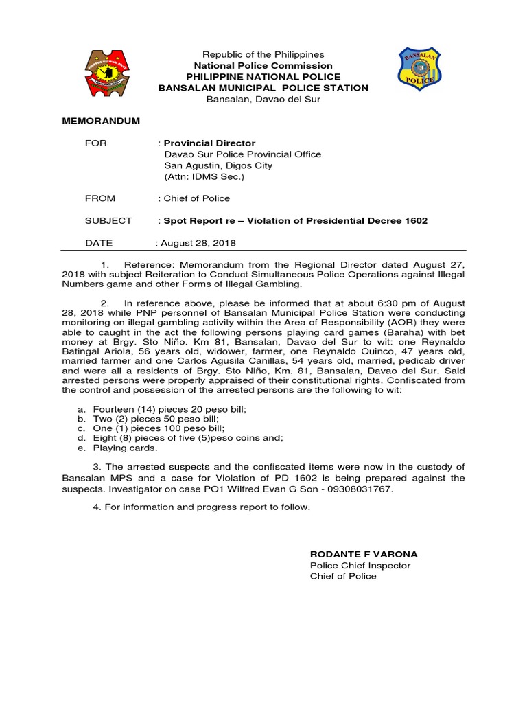 Spot Report: PD 1602 Violation Case | PDF | Law Enforcement | Crime ...