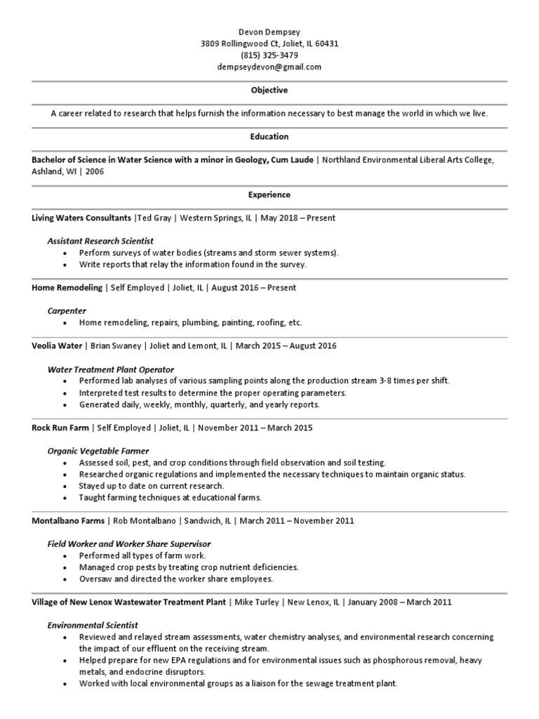 Devon Dempsey Science Resume | PDF | Environmental Science ...