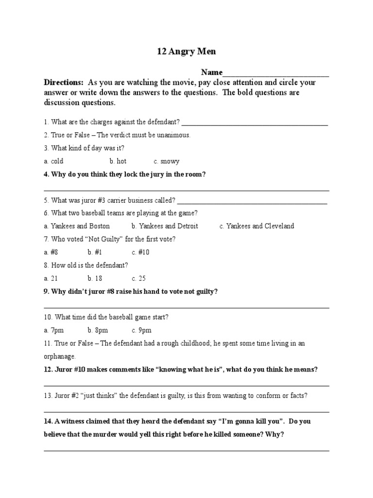 12 Angry Men Viewing Guide Questions | PDF | Witness | Criminal Law