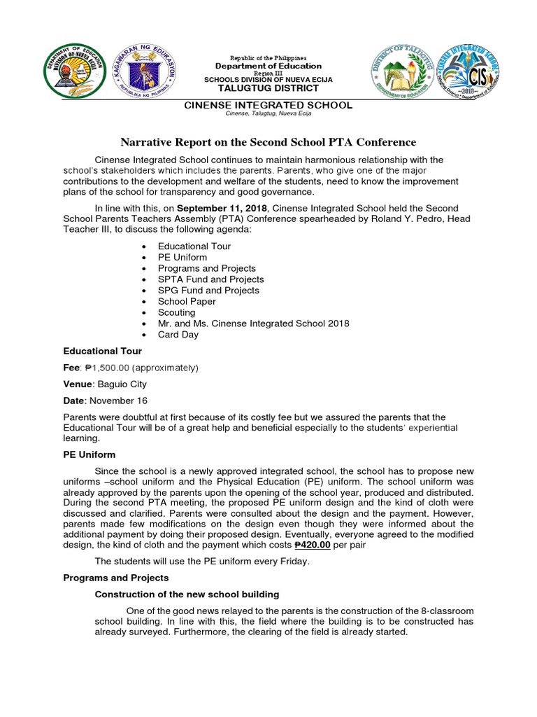Narrative Report On The Second School PTA Conference | PDF