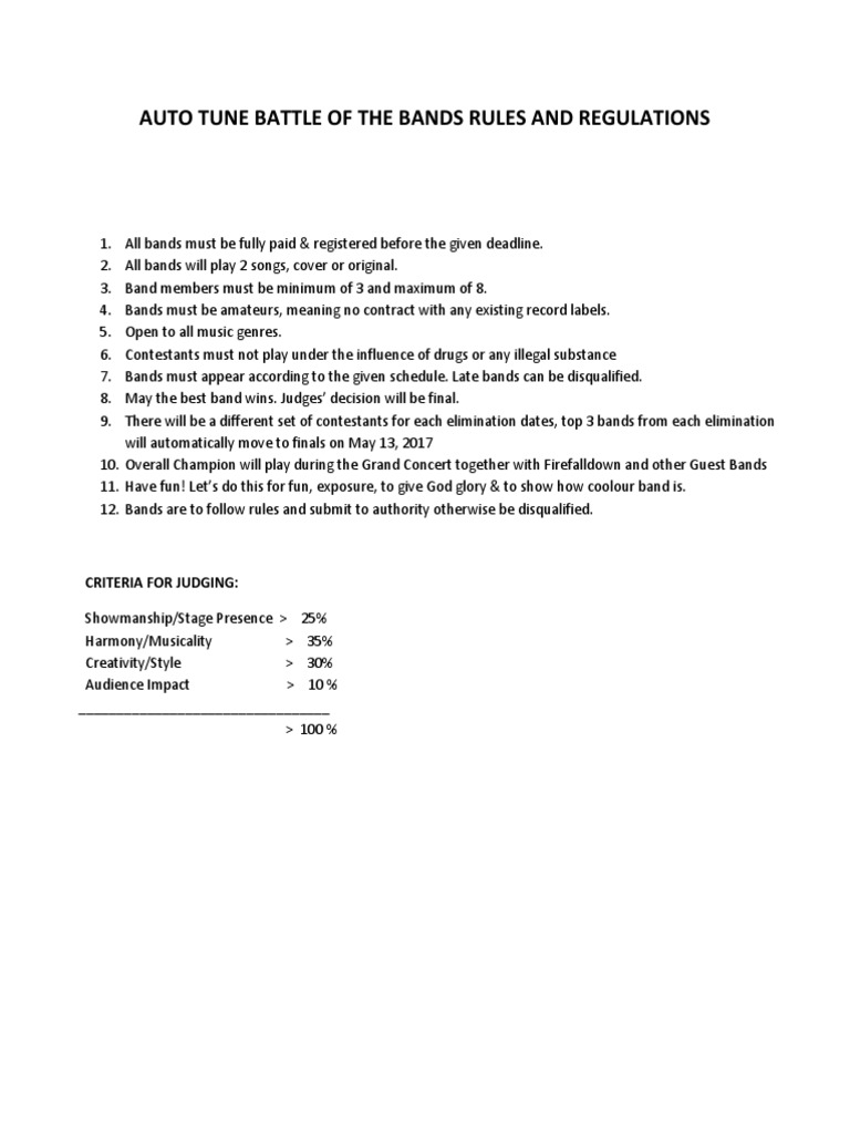 Auto Tune Battle of The Bands Rules and Regulations: Criteria For ...