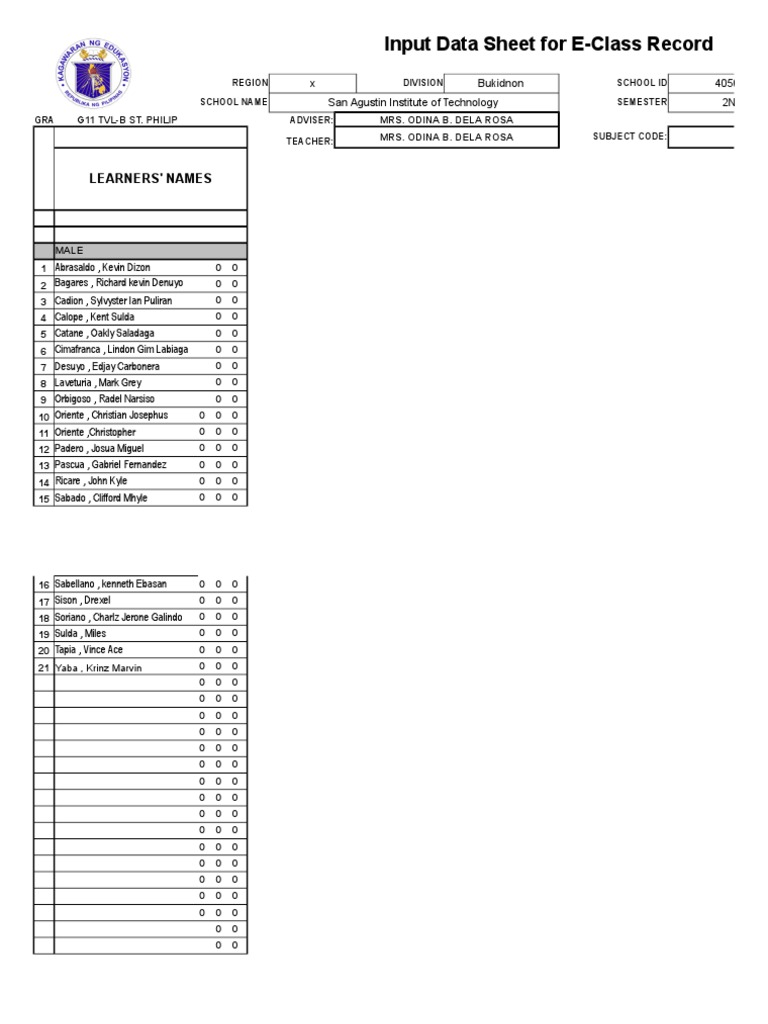 Input Data Sheet For E-Class Record: Learners' Names | PDF