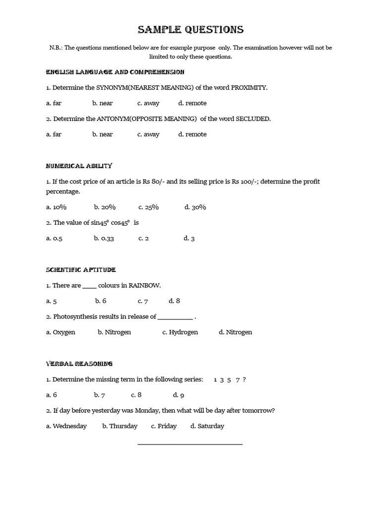 Sample Exam Questions for Aptitude Tests | PDF | Nature