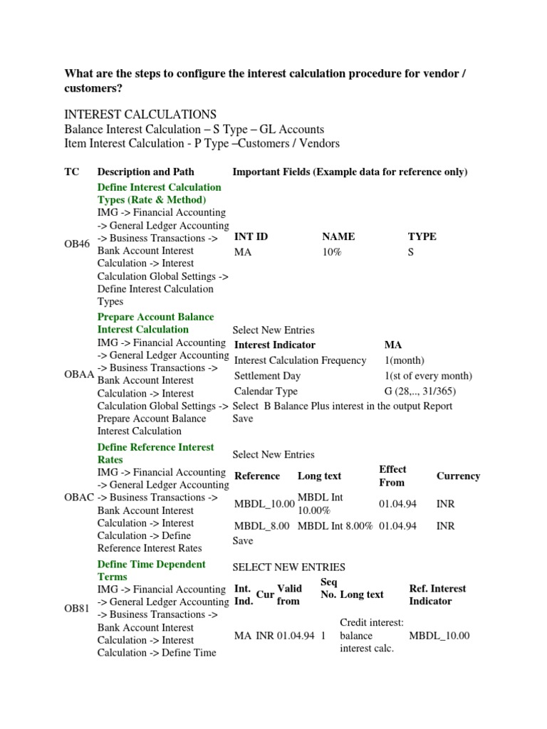 Steps To Configure The Interest Calculation Procedure For Vendor and ...