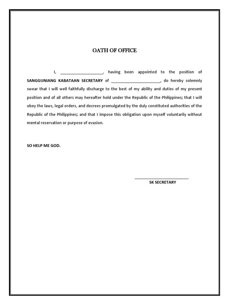 Oath of Office: SANGGUNIANG KABATAAN SECRETARY of - , Do Hereby ...