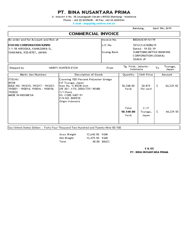Invoice BI034 | PDF | Cargo | Service Industries