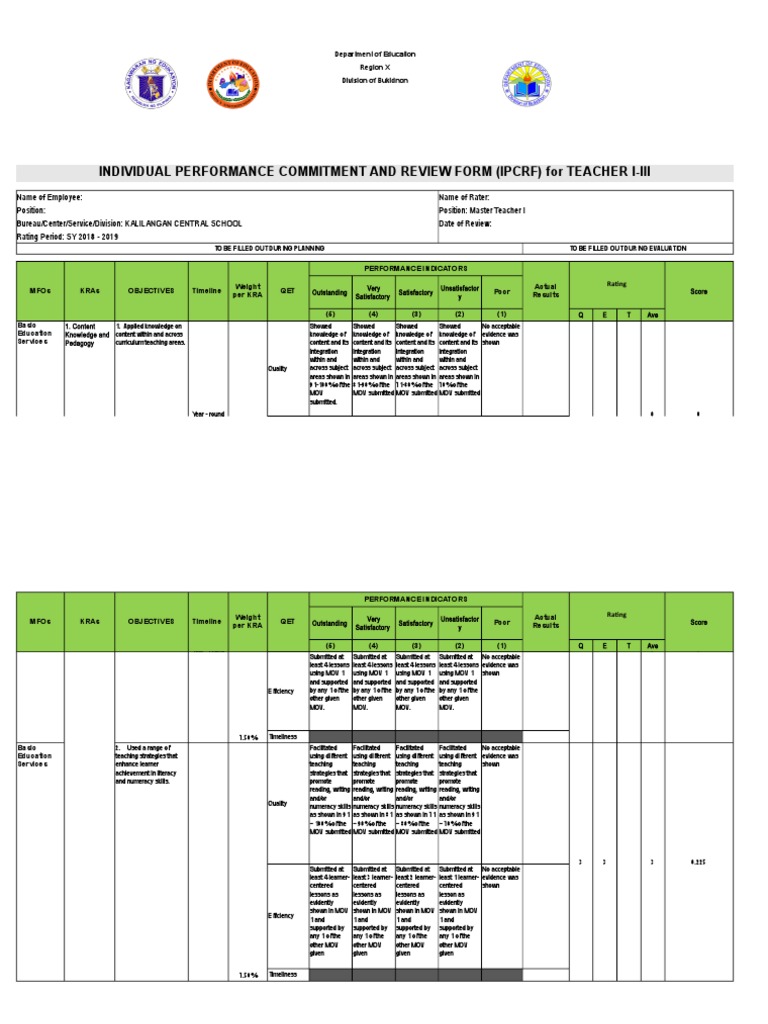 Individual Performance Commitment and Review Form (Ipcrf) For Teacher I ...