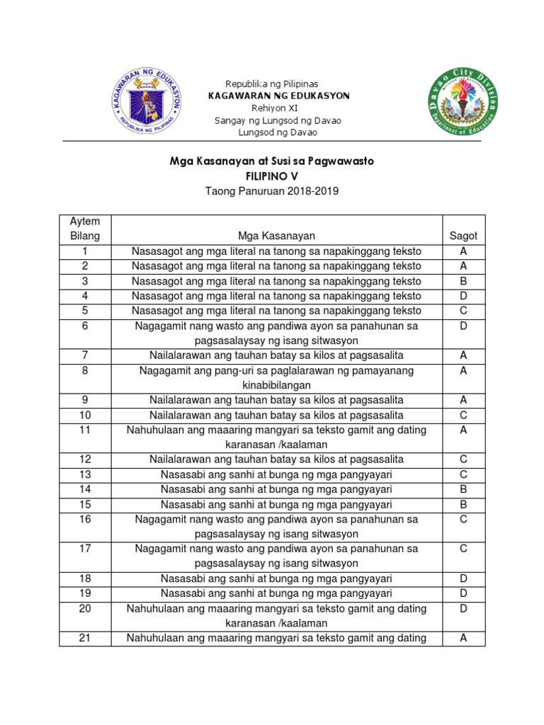 2q Filipino 5 Answer Key | PDF