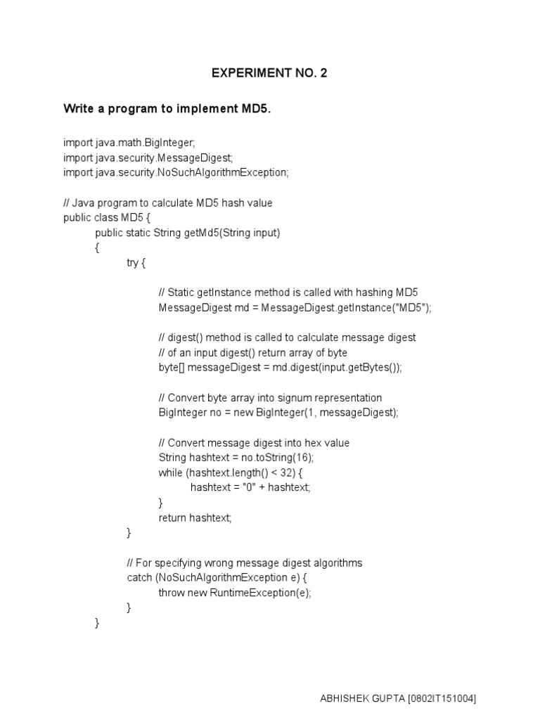 Experiment No. 2 Write A Program To Implement MD5.: ABHISHEK GUPTA ...
