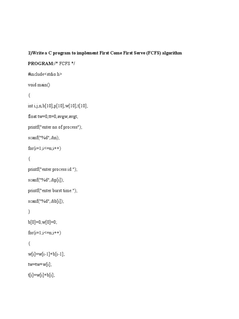 1) Write A C Program To Implement First Come First Serve (FCFS) Algorithm Program | PDF ...