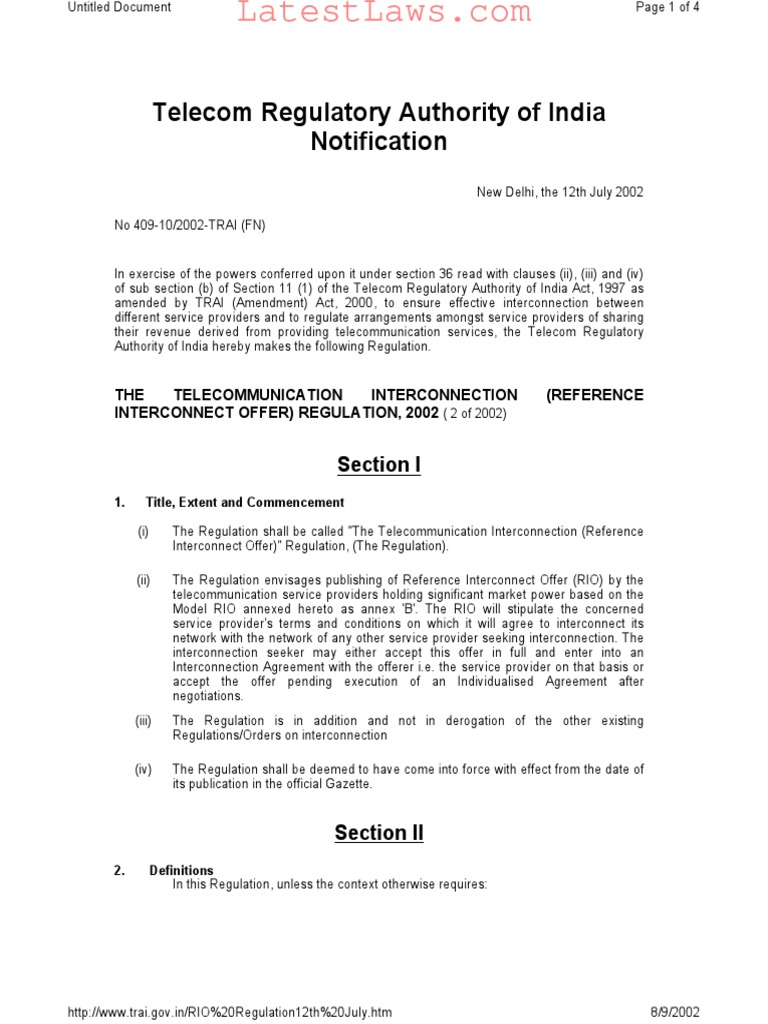 Telecommunication Interconnection (Reference Interconnect Offer ...