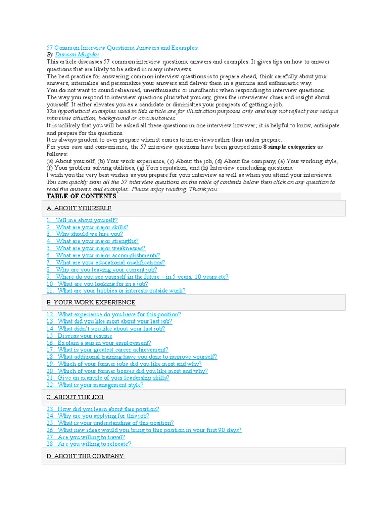 57 Common Interview Questions | PDF | Point Of Sale | Employment