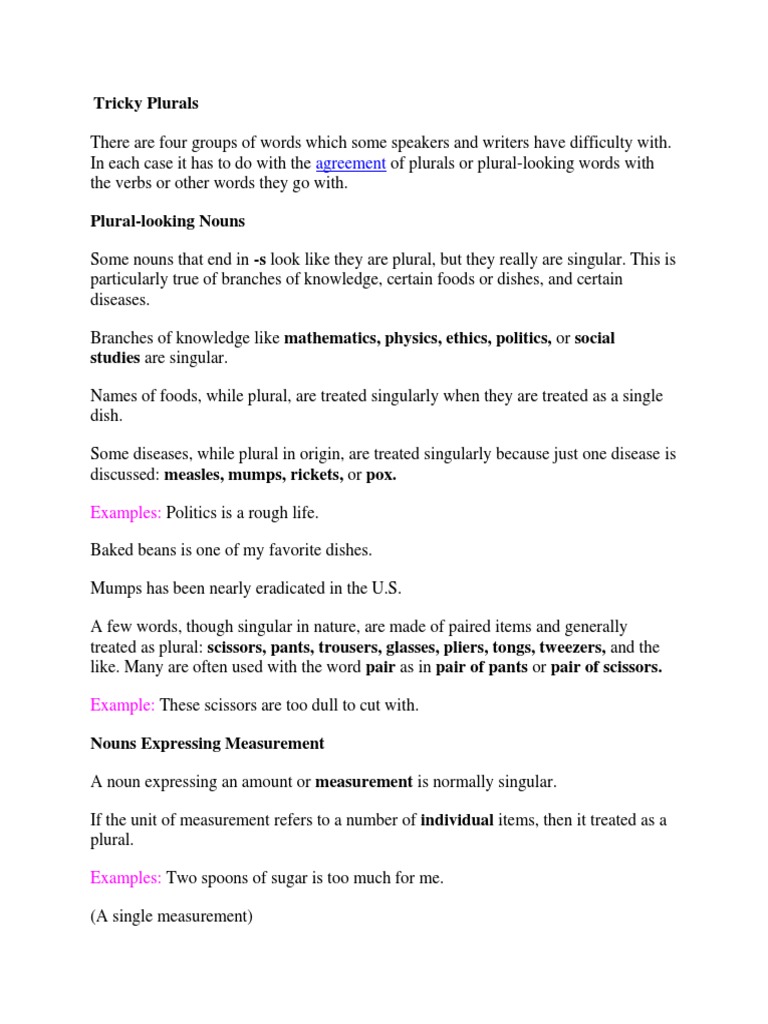 Tricky Plurals: Agreement | PDF | Plural | Grammatical Number