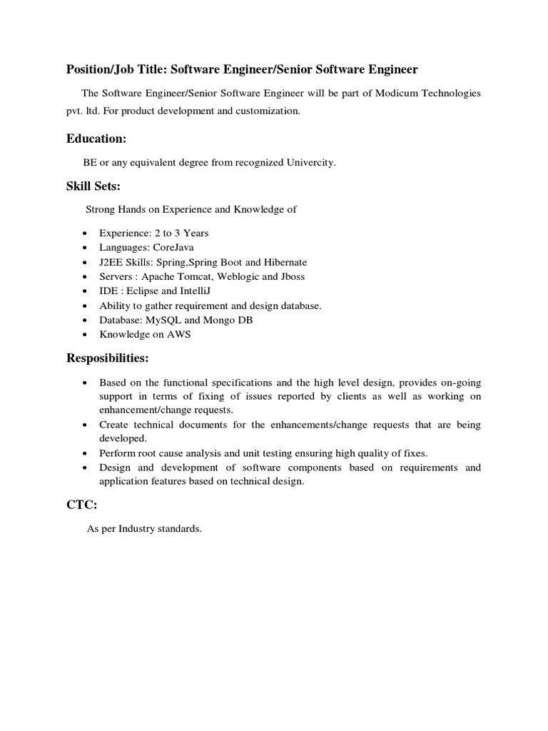 Position/Job Title: Software Engineer/Senior Software Engineer | PDF ...