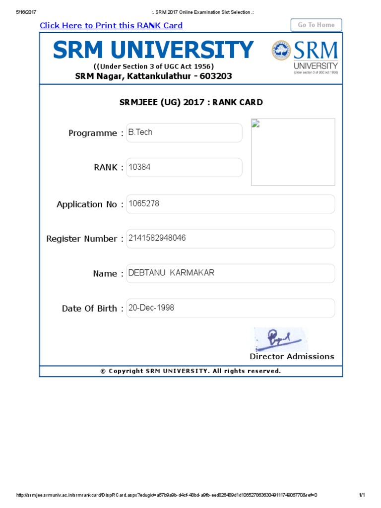 SRM University: SRM Nagar, Kattankulathur 603203 Srmjeee (Ug) 2017: Rank Card Programme | PDF ...