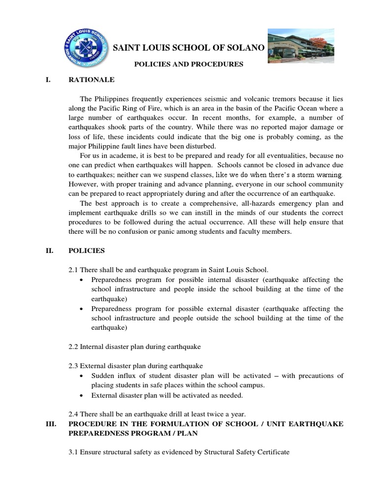 Comprehensive Earthquake Preparedness Plan and Procedures for Saint ...