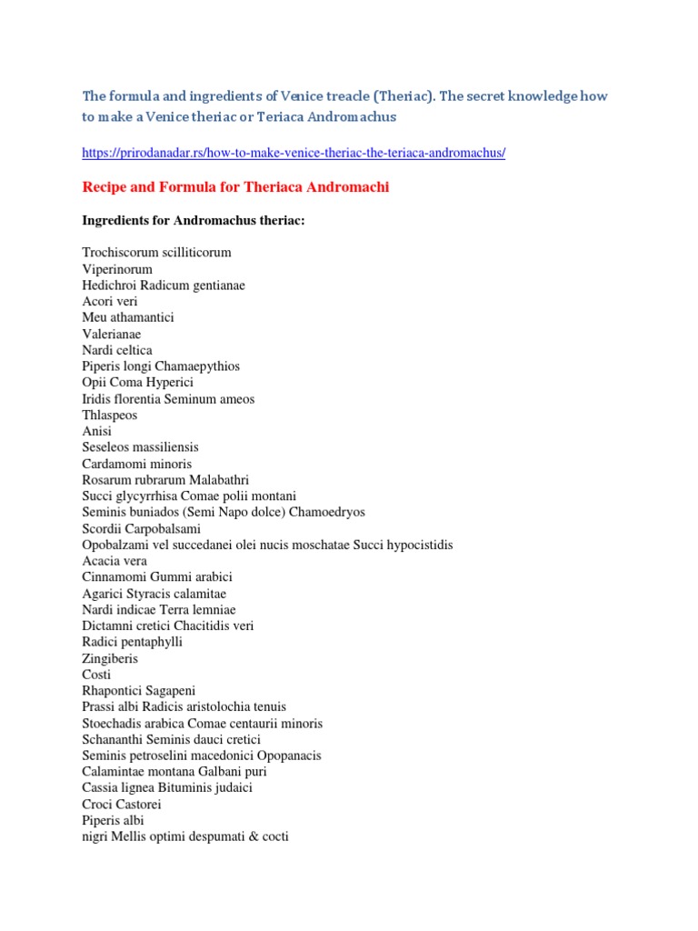 The Formula and Ingredients of Venice Treacle | PDF