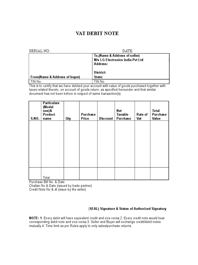 VAT Debit Note for Goods Return | PDF