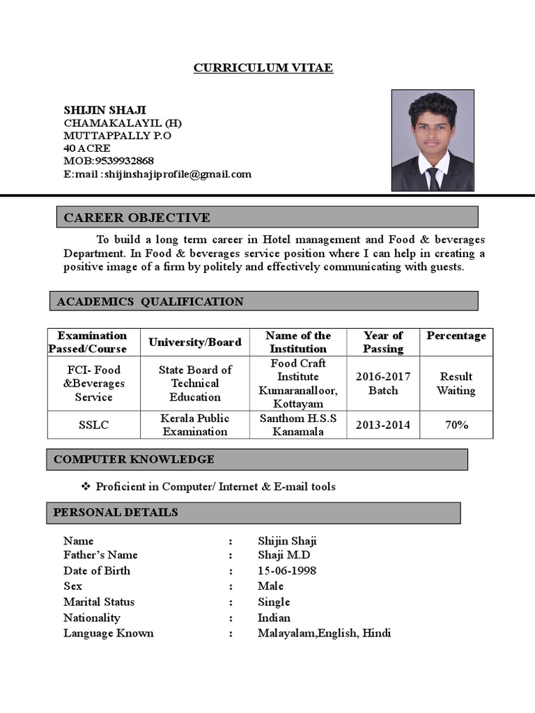 Shijin Shaji's Hotel Management CV | PDF