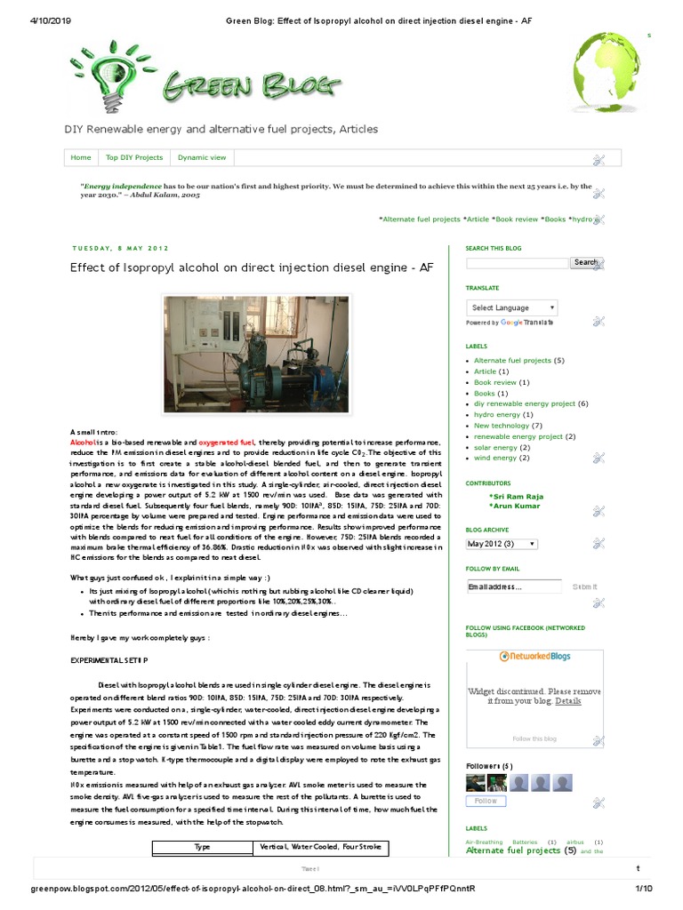 Green Blog - Effect of Isopropyl Alcohol On Direct Injection Diesel ...