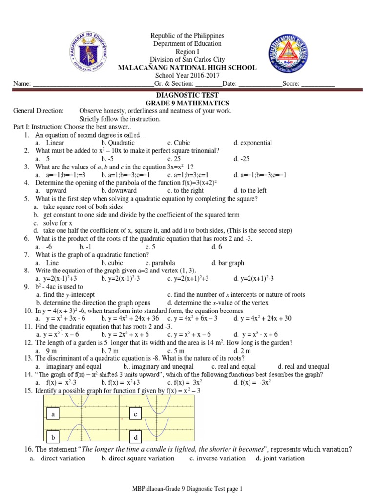 Malacañang National High School: Mbpidlaoan-Grade 9 Diagnostic Test ...