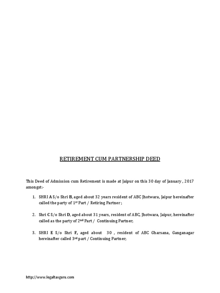 Retirement Cum Partnership Deed Format | Partnership | Debits And Credits