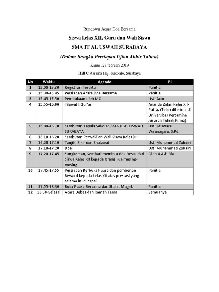 Rundown Doa Bersama Kelas XII SMA IT | PDF