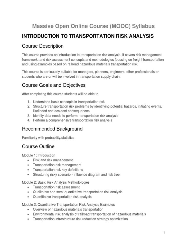 Transportation Risk Analysis MOOC Syllabus Revised | PDF | Risk ...