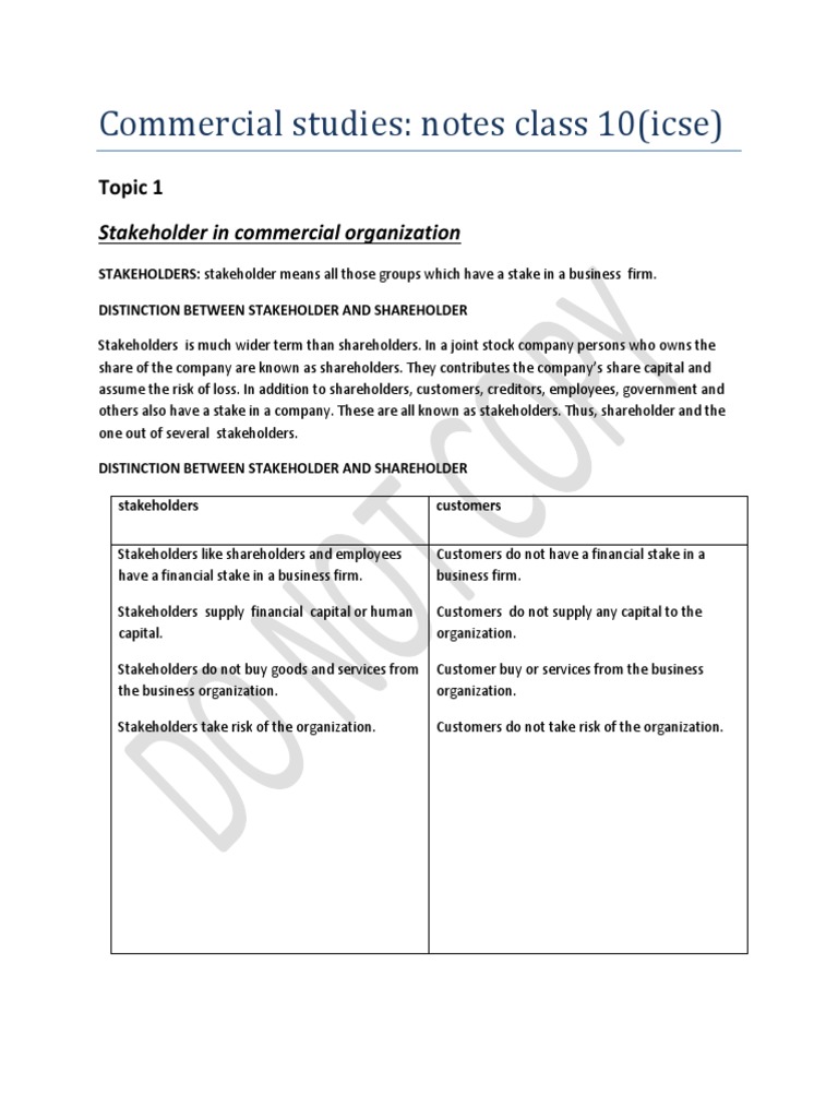 Commercial Studies: Notes Class 10 (Icse) : Topic 1 | PDF | Stakeholder ...